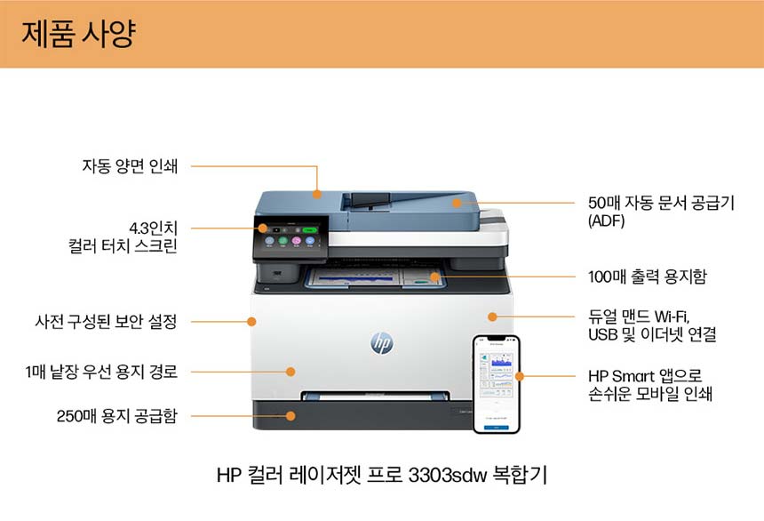 HP 컬러 레이저젯 프로 MFP 3303sdw 프린터 - (499M6A) | HP 코리아
