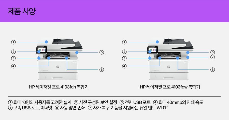 HP 레이저젯 프로 4103fdw 복합기 프린터 - (2Z629A) | HP 코리아